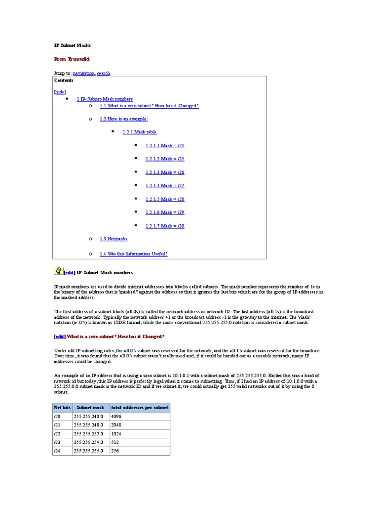 IP Subnet Masks | PDF | Ip Address | Internet Protocols
