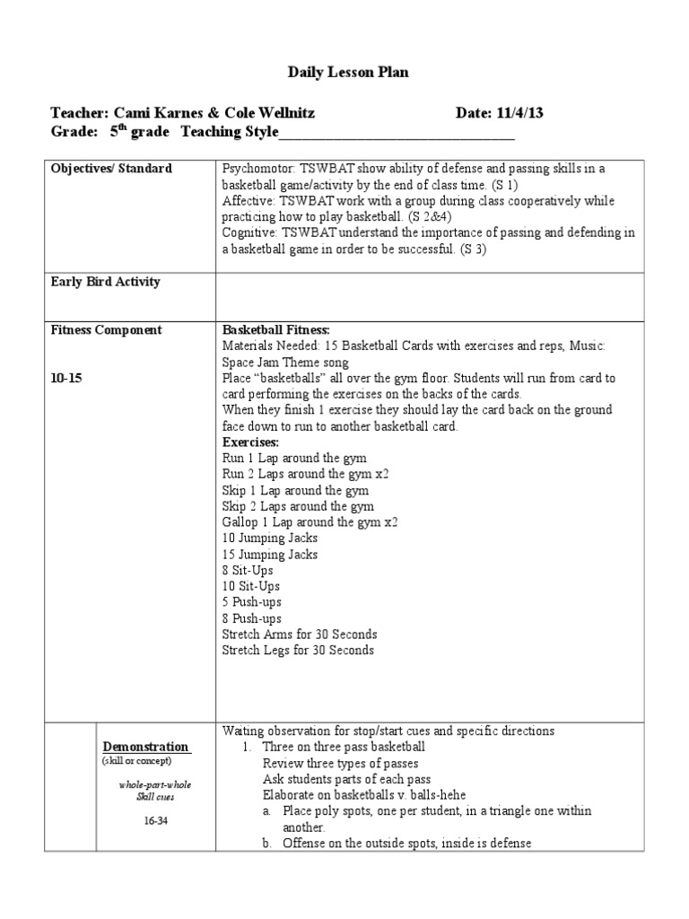Basketball Lesson Plan for 5th Grade | PDF | Educational Assessment ...