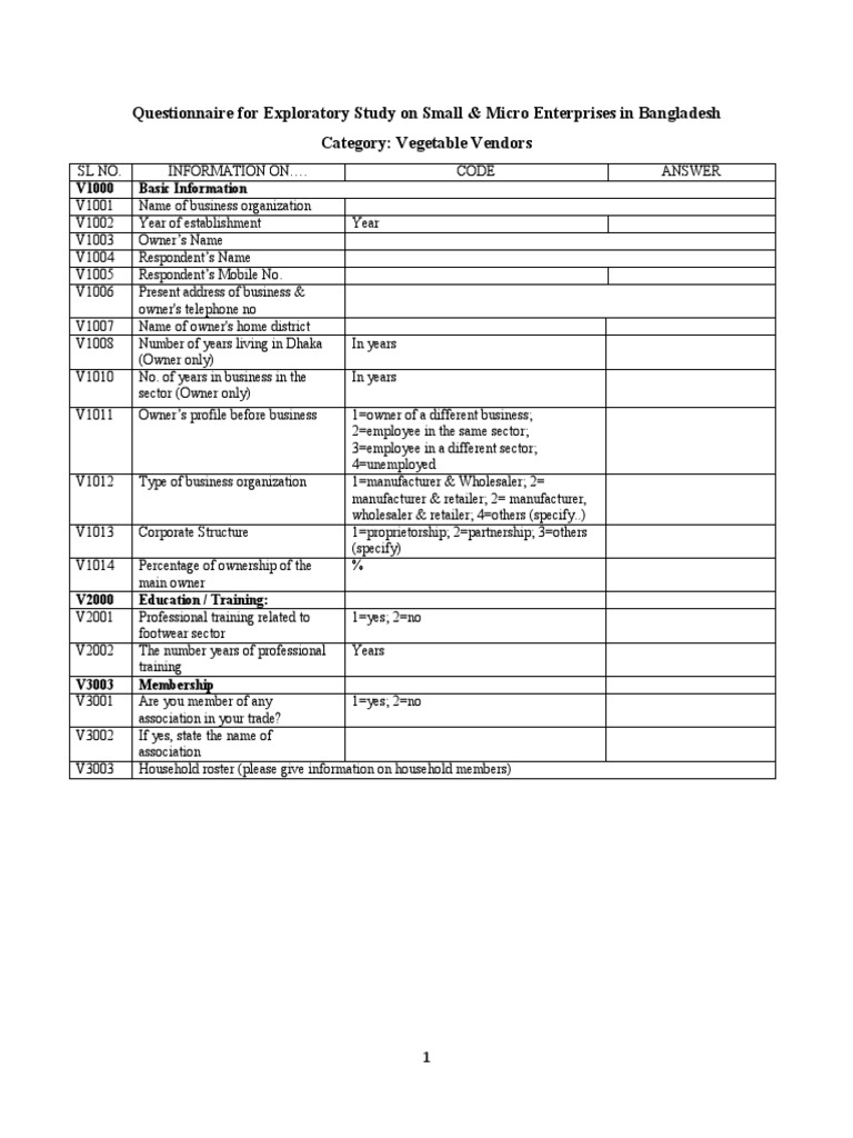 Questionnaire Vegetable Vendors | PDF | Credit (Finance) | Employment