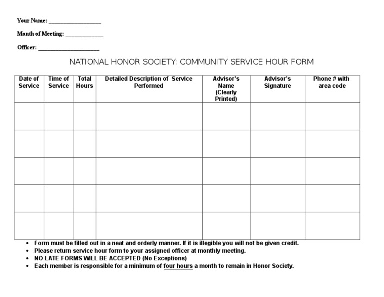 NHS Community Service Hour Form | PDF