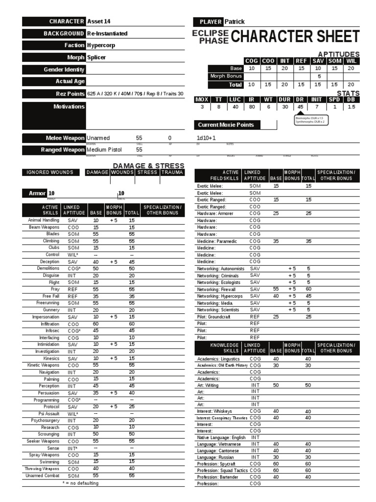 Character Sheet: Eclipse Phase | PDF