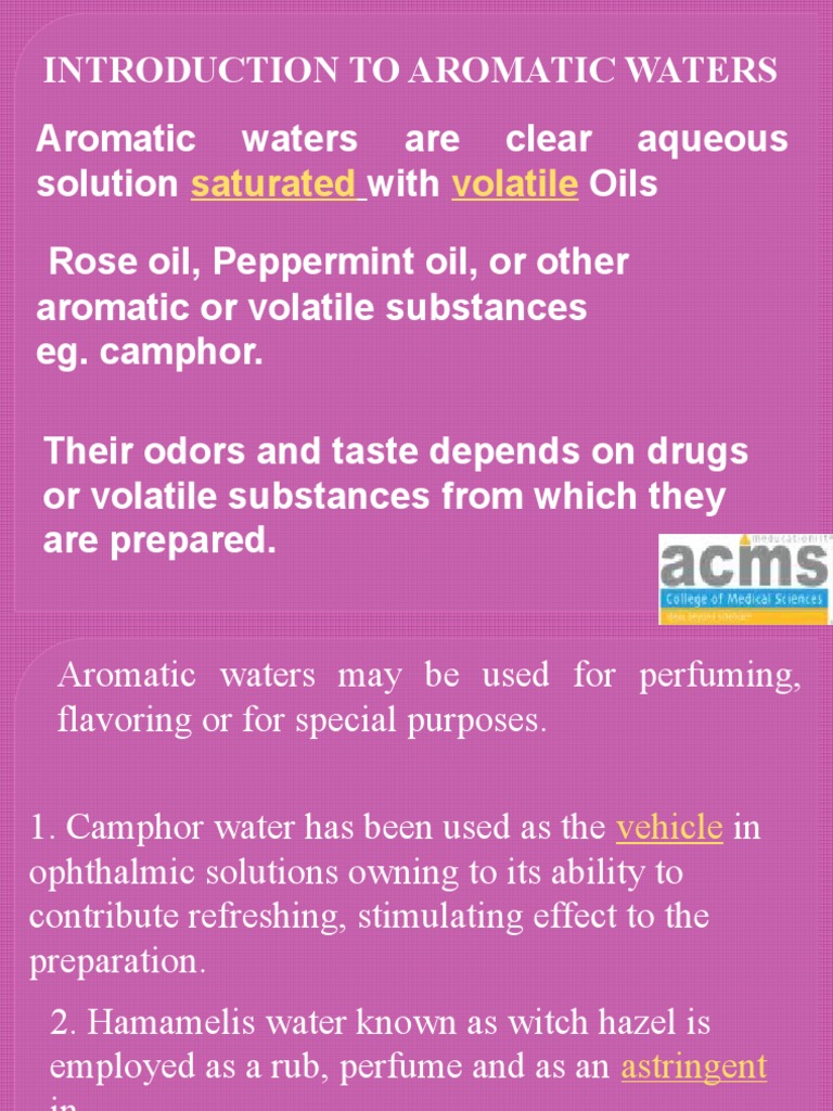 Overview of Aromatic Waters in Pharmacy | PDF | Solution | Chemical ...