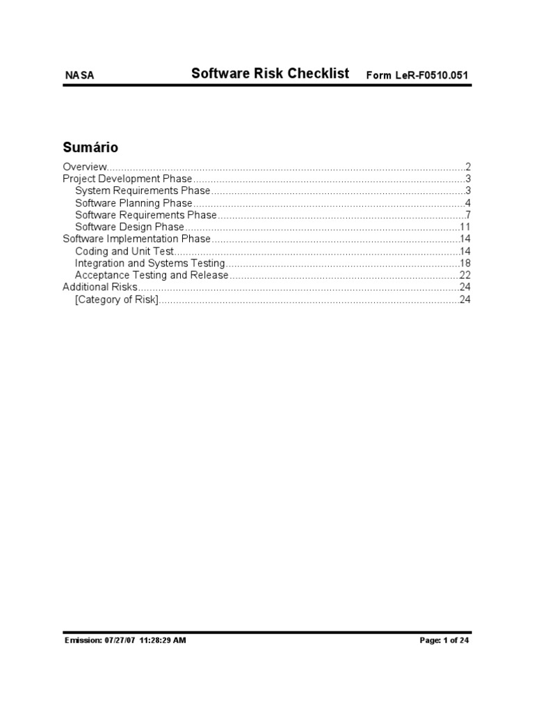 Software Risk Checklist - Department of Defense - NASA - USA | PDF ...