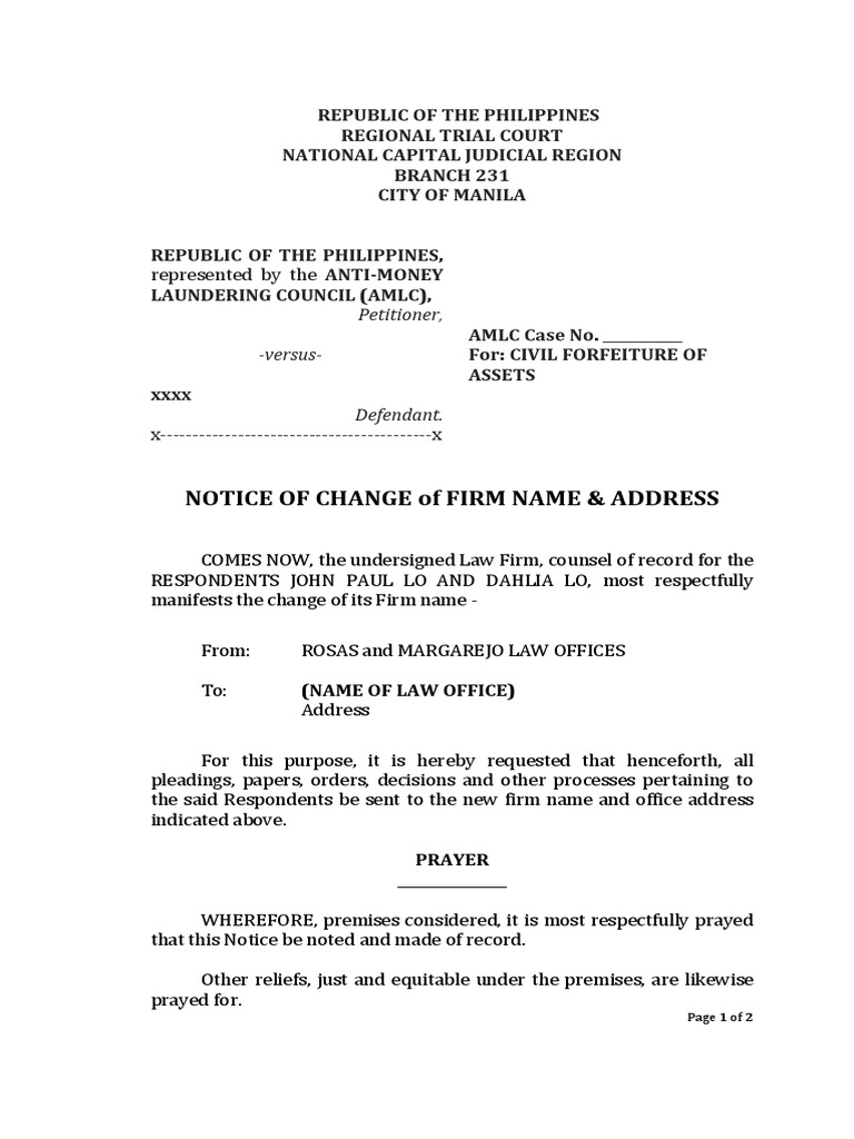 Notice of Change of Firm Name and Address | PDF | Politics | Law