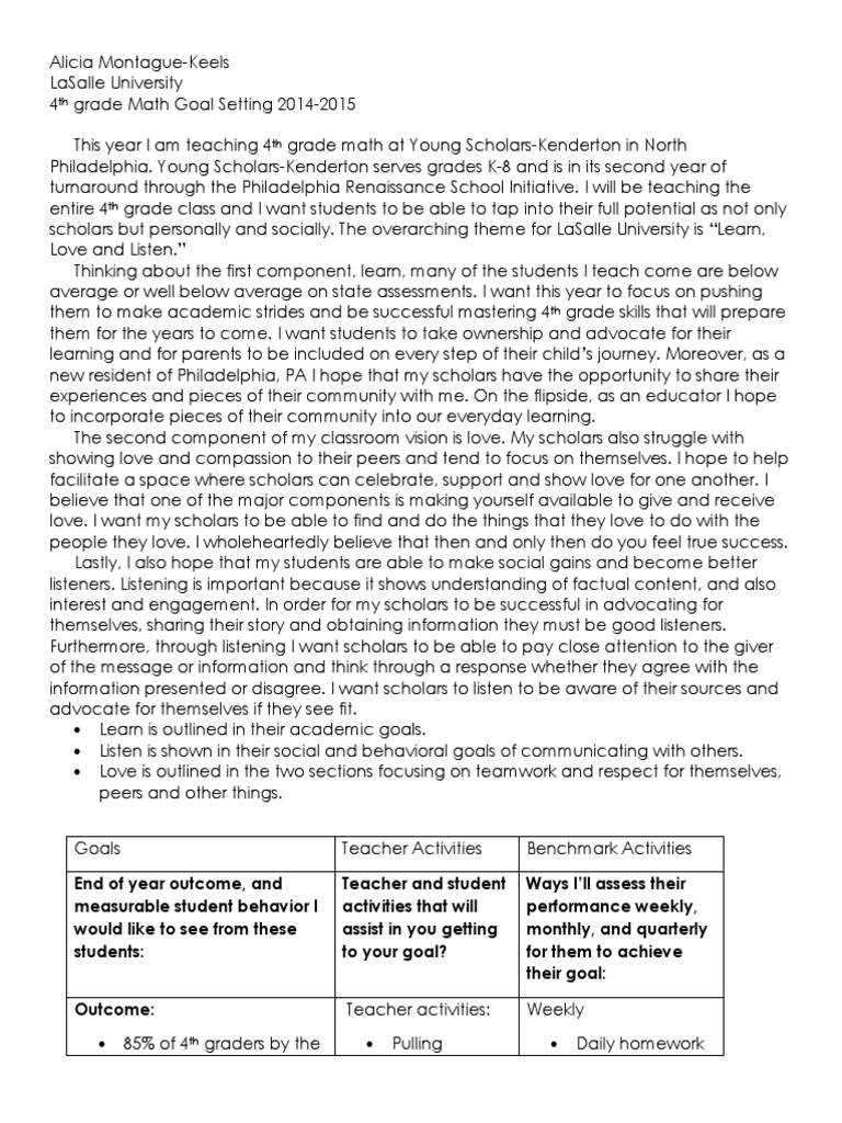 4th Grade Math Goal Setting Plan | PDF | Homework | Teachers