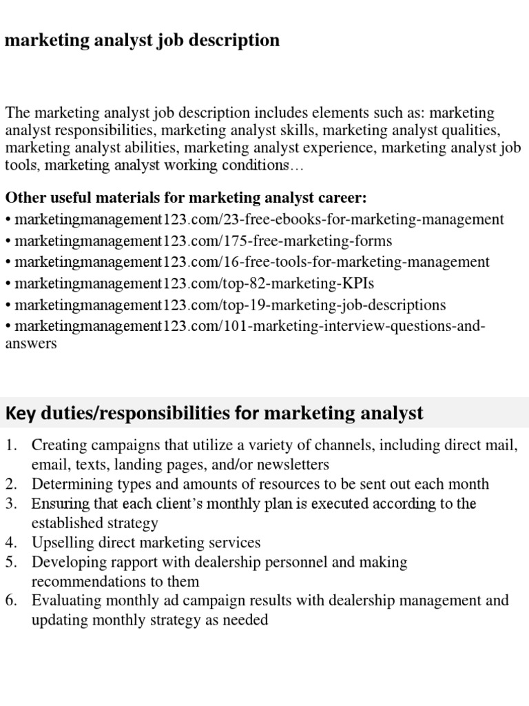 Marketing Analyst Job Description | PDF | Digital Marketing | Marketing