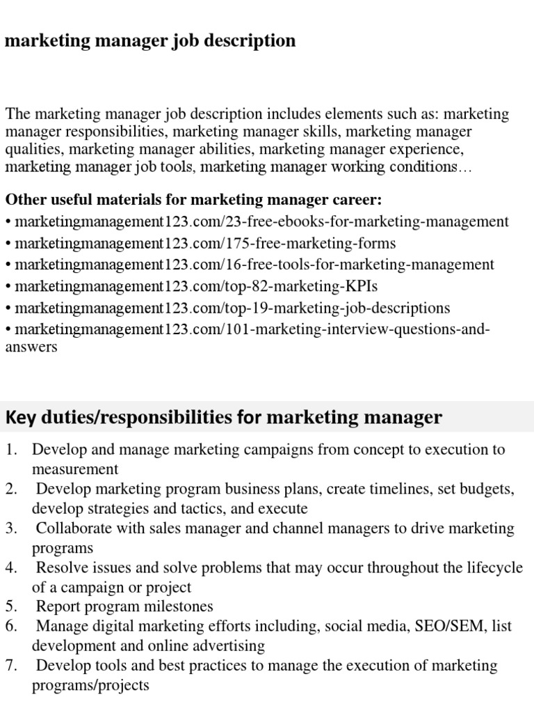Marketing Manager Job Description Guide | PDF | Search Engine Marketing ...