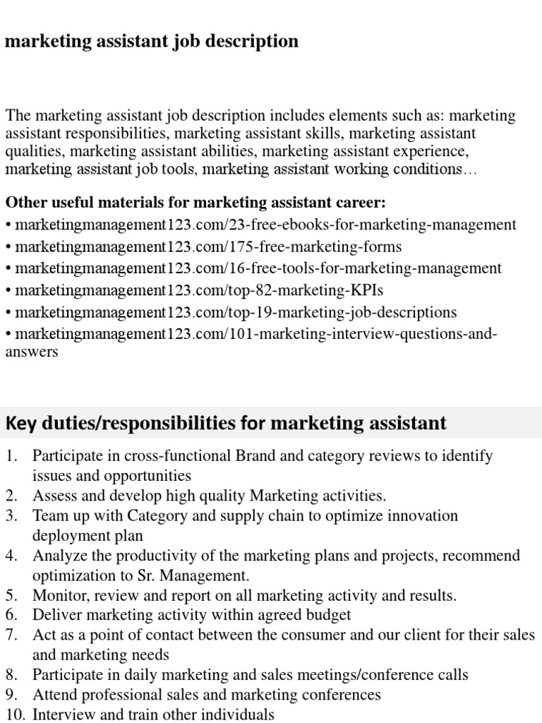 Marketing Assistant Job Description | PDF | Marketing | Recruitment