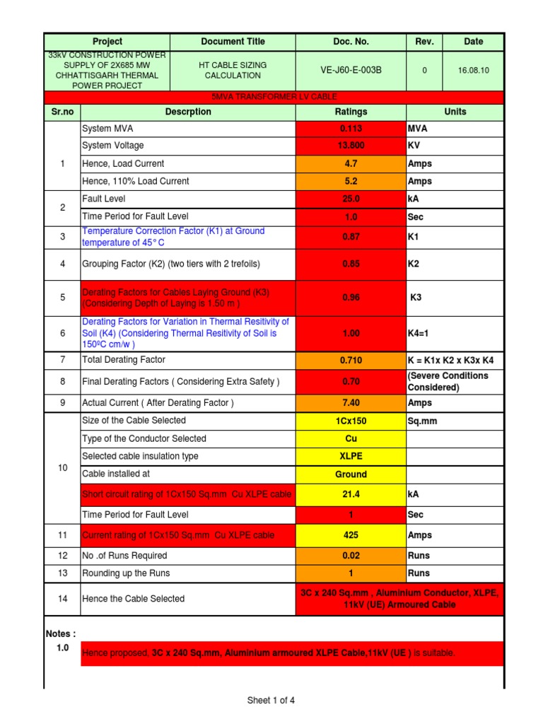 HT Cable Sizing Calculation For 1C Cu-Format | PDF | Cable | Transformer