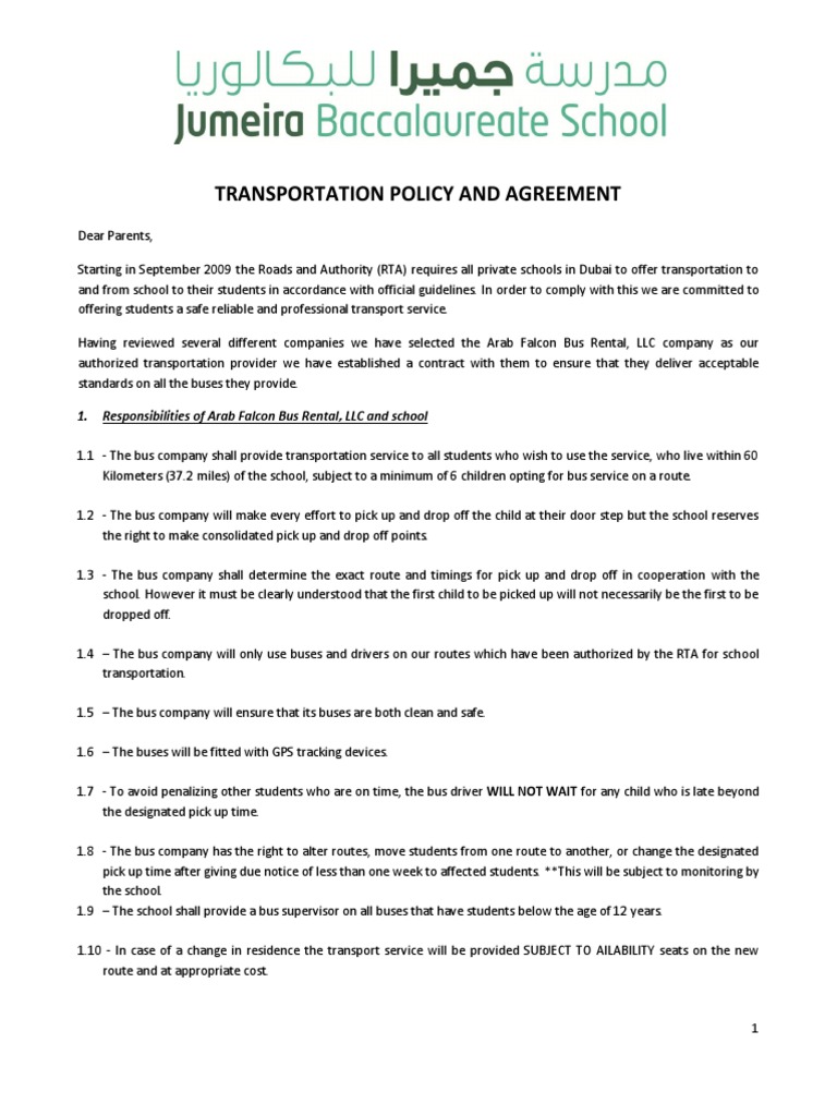 Transportation Policy and Agreement: 1. Responsibilities of Arab Falcon ...