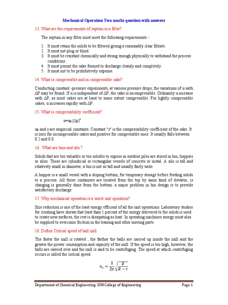 Mechanical Operation Two Marks Question With Answers: Department of ...