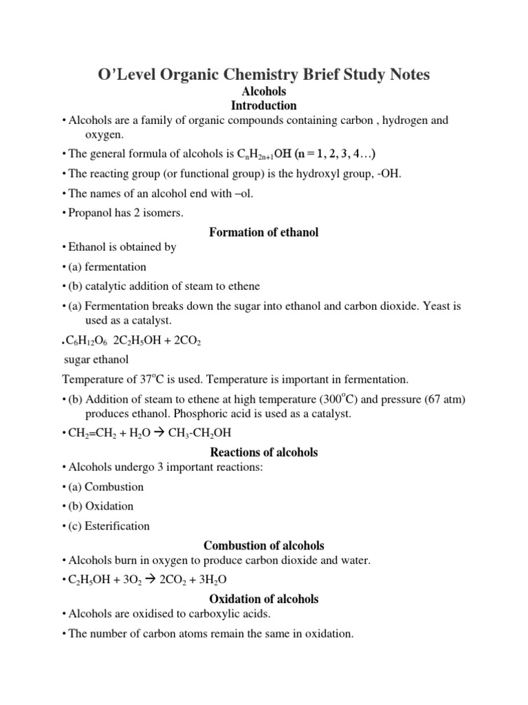 O'Level Organic Chemistry Brief Notes | PDF | Ester | Alcohol