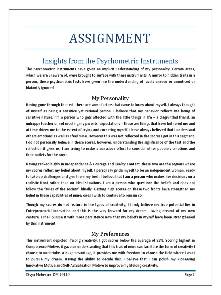 Assignment: Insights From The Psychometric Instruments | PDF ...