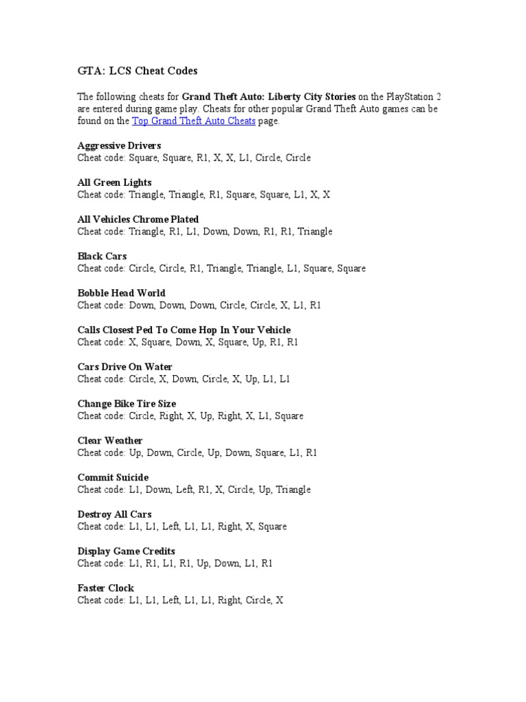 GTA: LCS Cheat Codes Guide | PDF | Vehicles