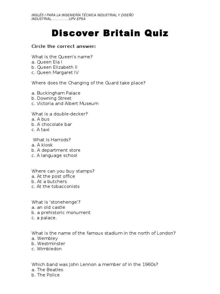 Discover Britain Quiz | PDF