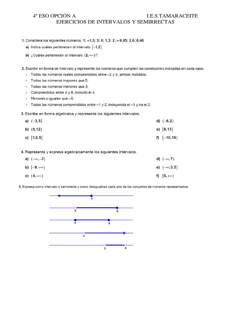 Ejercicios Intervalos y Semirrectas 4º ESO | PDF