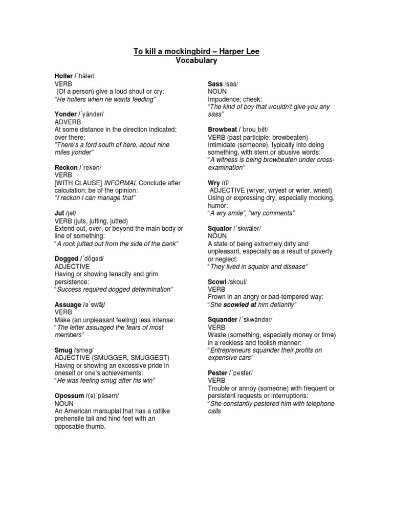 Vocabulary - To Kill A Mockingbird | PDF