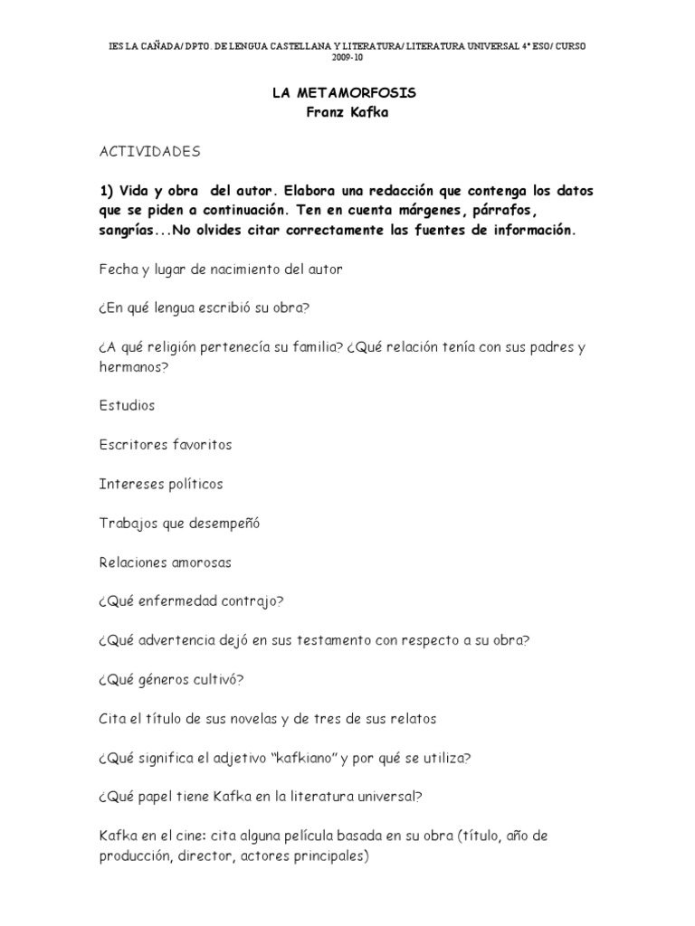 Trabajo Sobre "La Metamorfosis" de Kafka | PDF | Franz Kafka | Autor