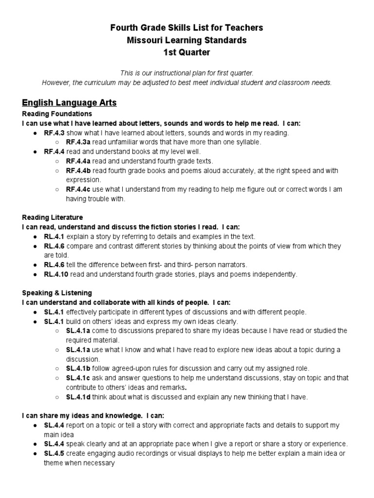 Fourth Grade Skills List For Teachers Missouri Learning Standards 1st ...