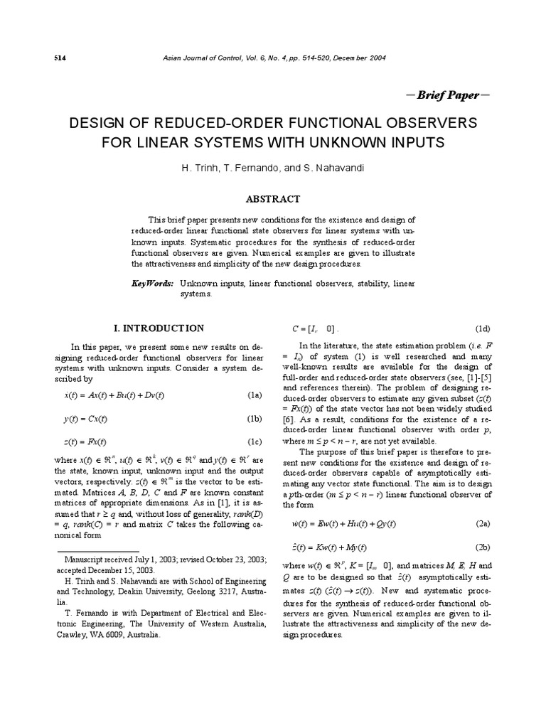 Design Of Reduced Order Functional Observers For Linear Systems With Unknown Inputs Pdf