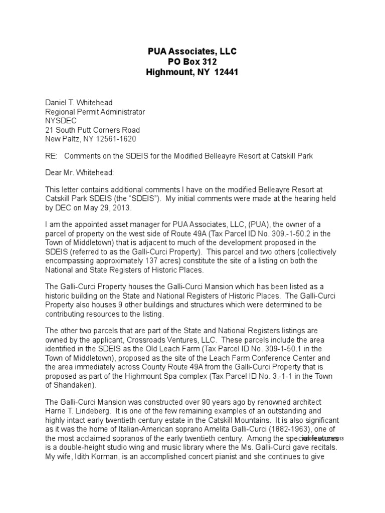 Korman Public Comment Letter To DEC About Bellayre Resort | PDF ...