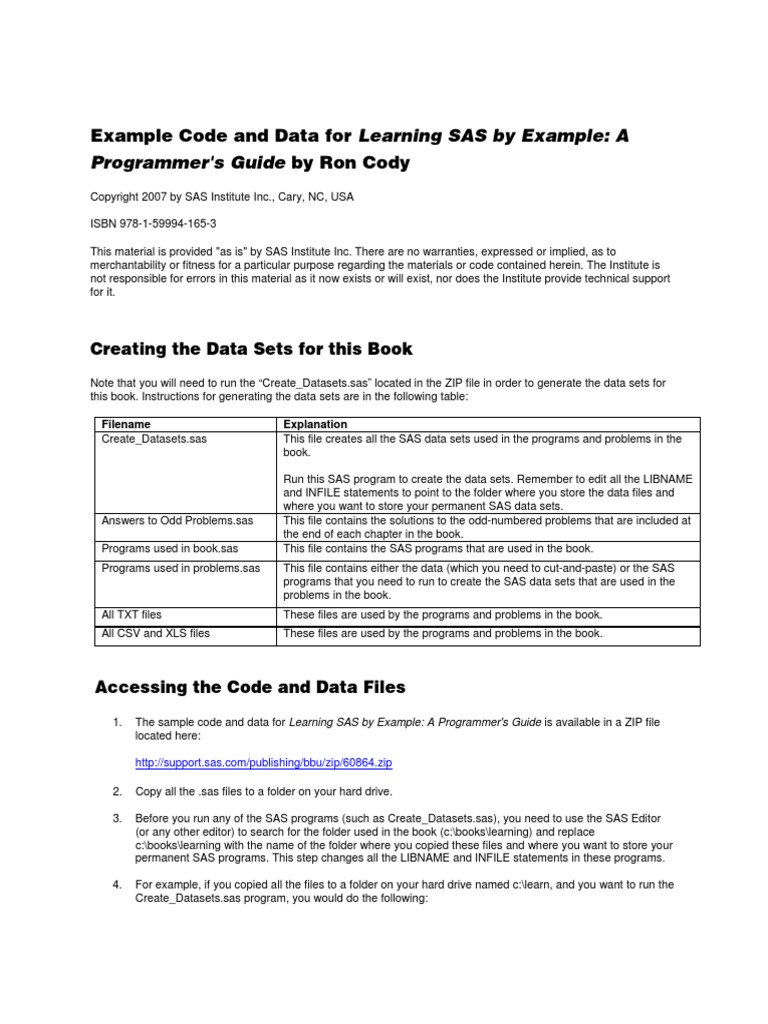 Programmer's Guide by Ron Cody: Example Code and Data For Learning SAS by Example: A | PDF