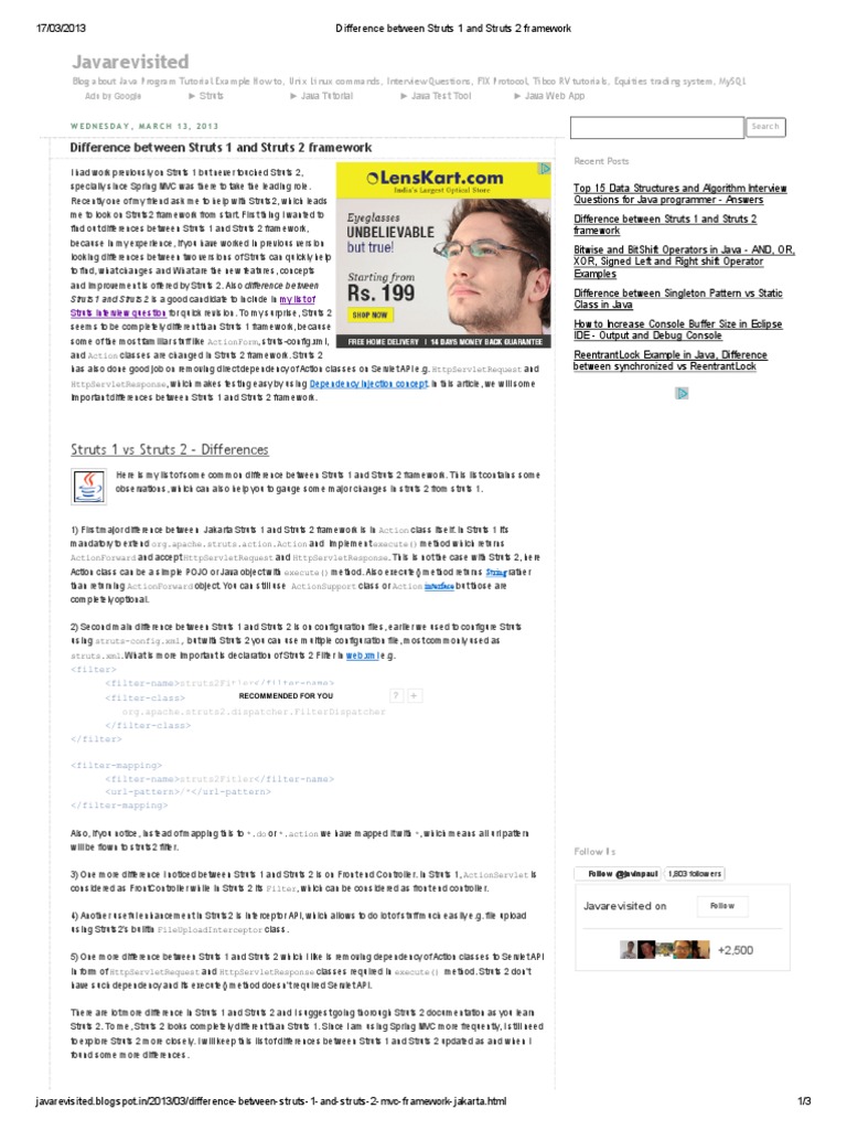 Difference Between Struts 1 and Struts 2 Framework | PDF | Java Servlet | Java (Programming ...