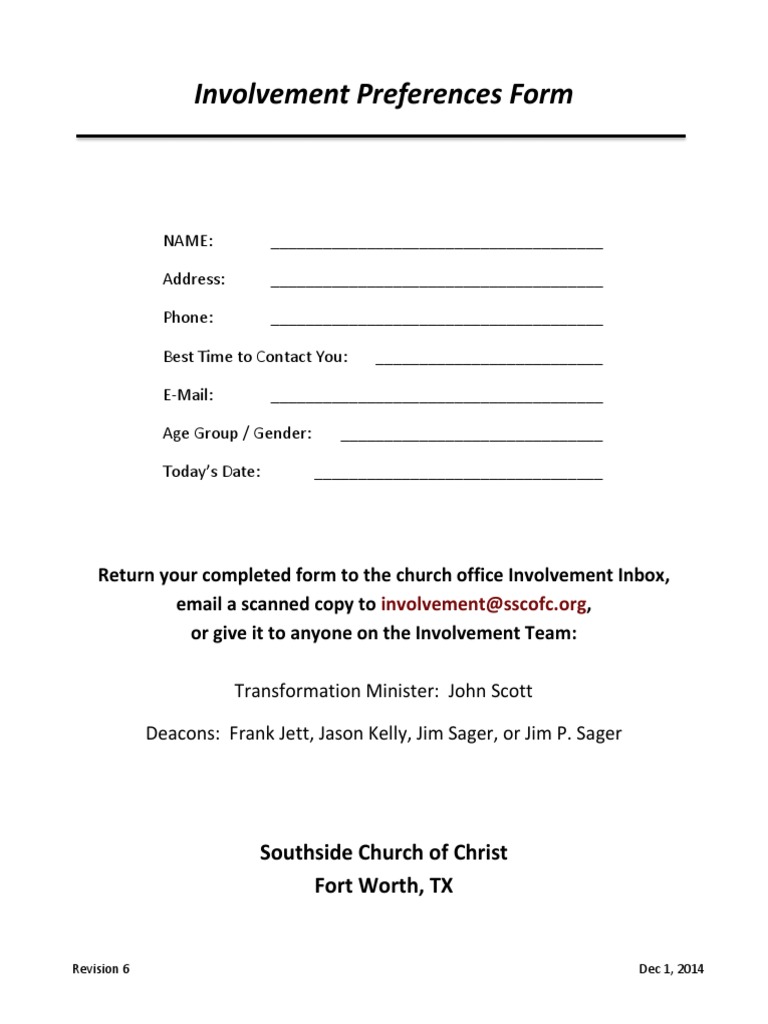 Southside Involvement Form | PDF | Minister (Christianity) | Christianity