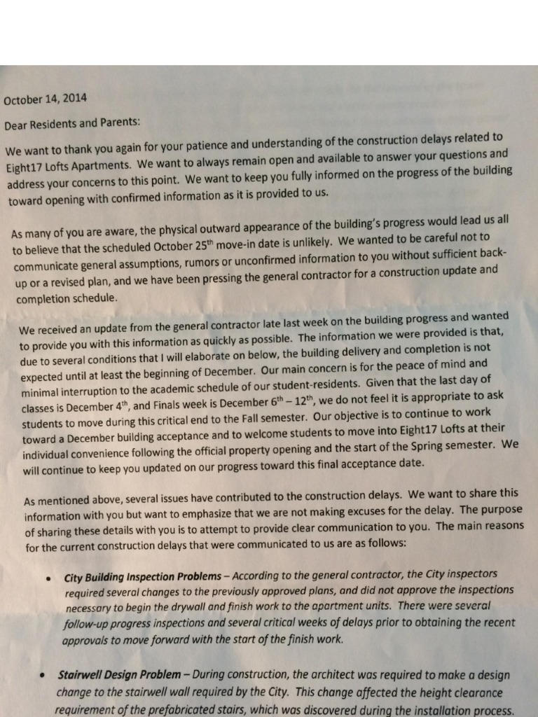 Eight17 Letter To Residents | PDF