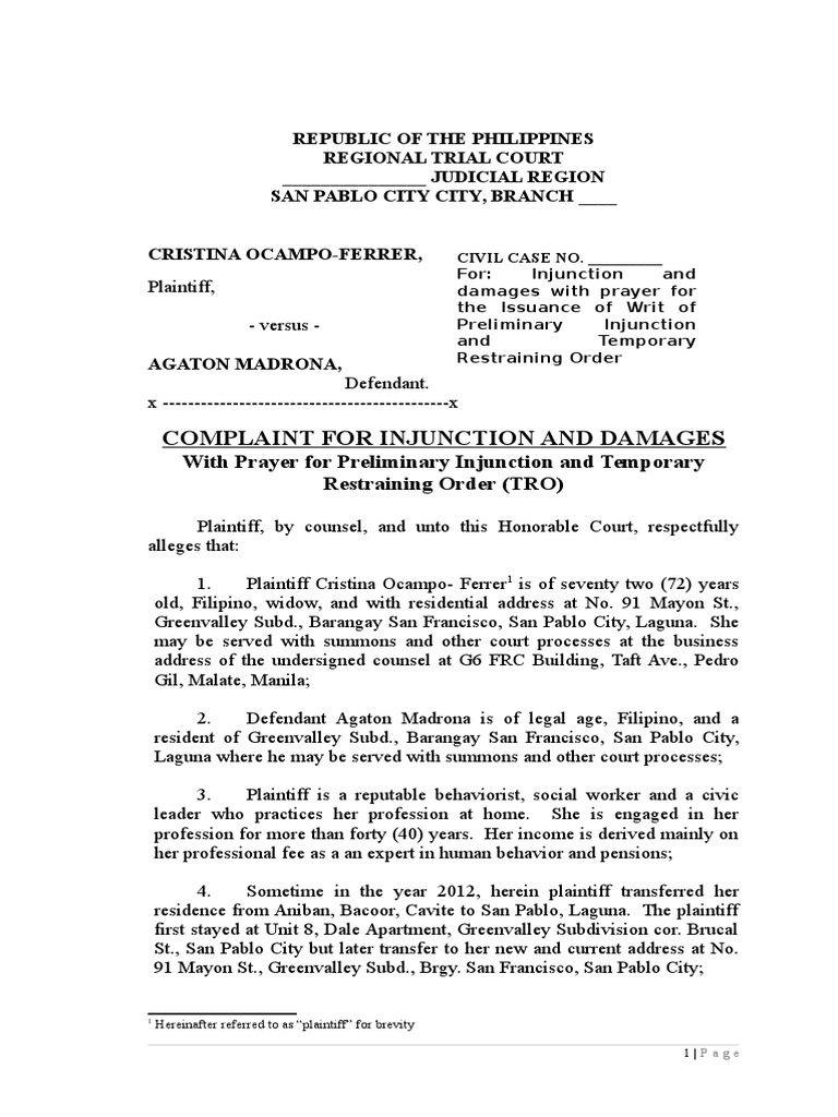 Injunction & Damages Case: Ocampo-Ferrer vs. Madrona | PDF | Injunction ...