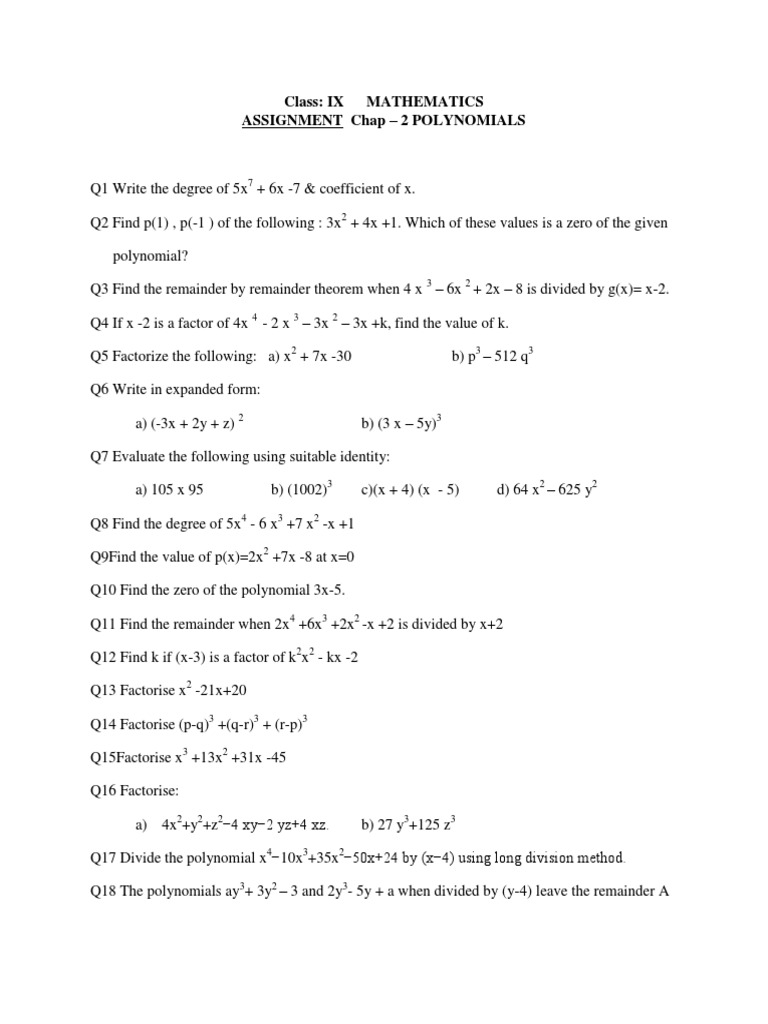 Class 9 Polynomials Assignment | PDF