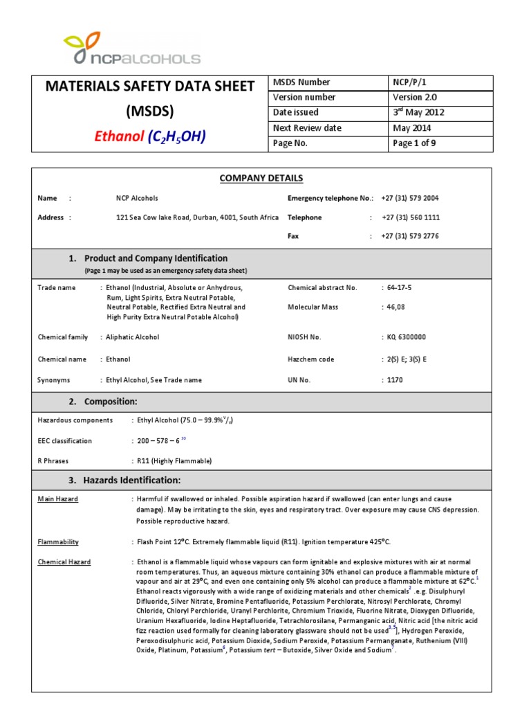 MSDS etanol | Ethanol | Fires