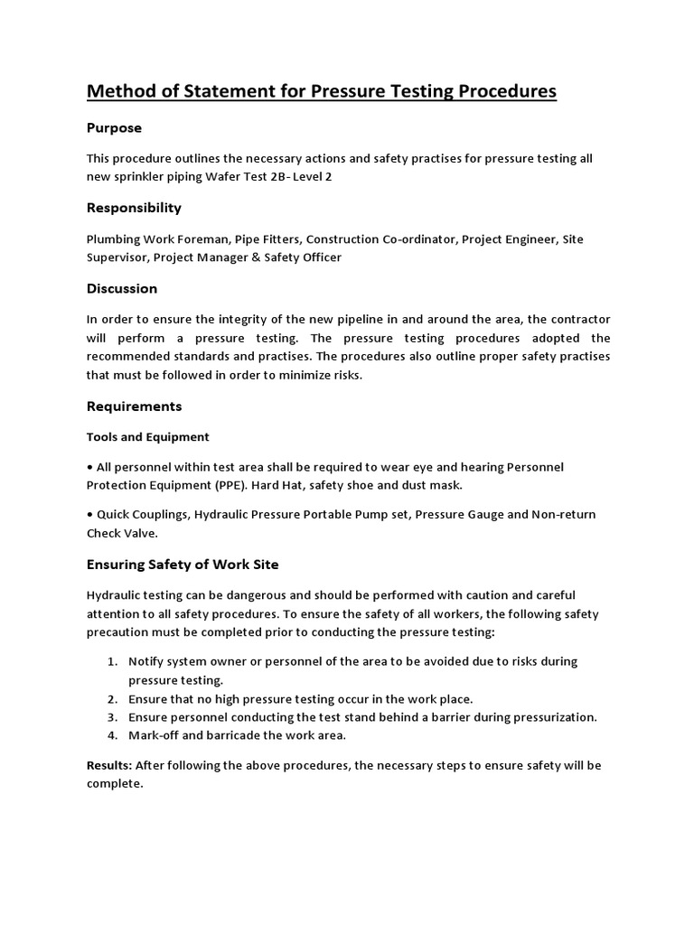 Method of Statement For Pressure Test PDF | PDF | Leak | Valve