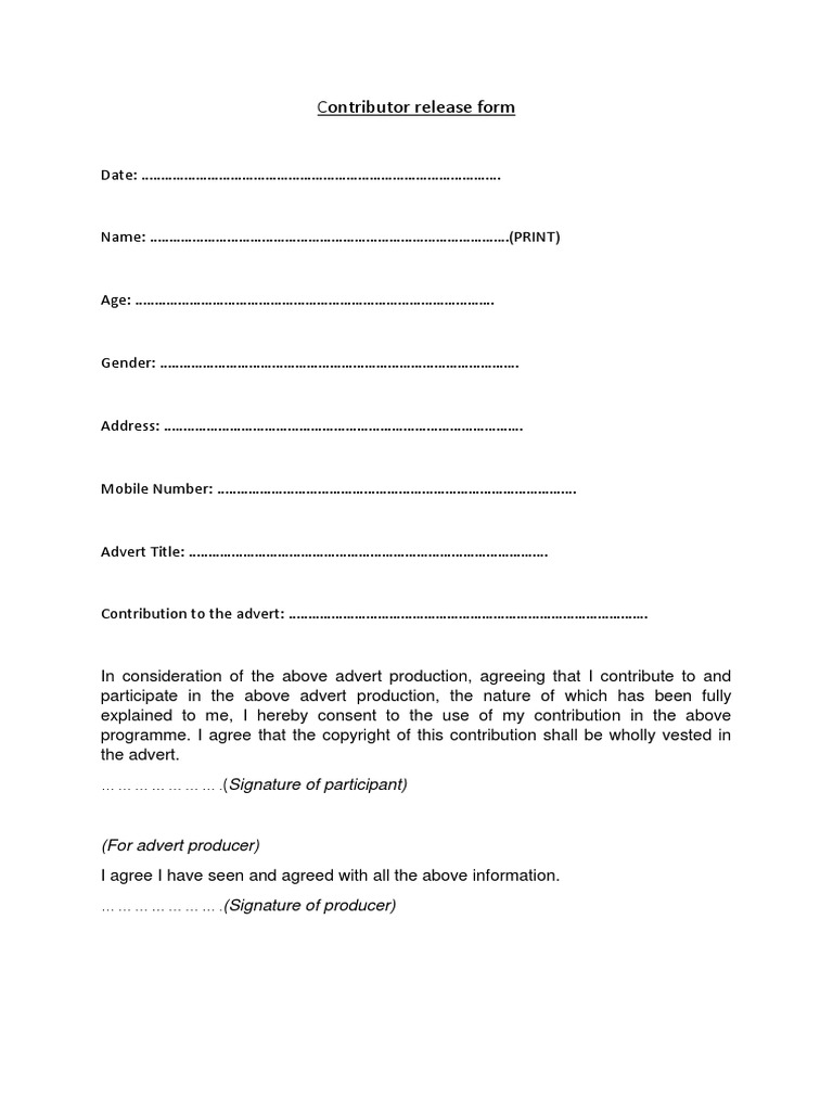 Contributor Release Form: (For Advert Producer) | PDF