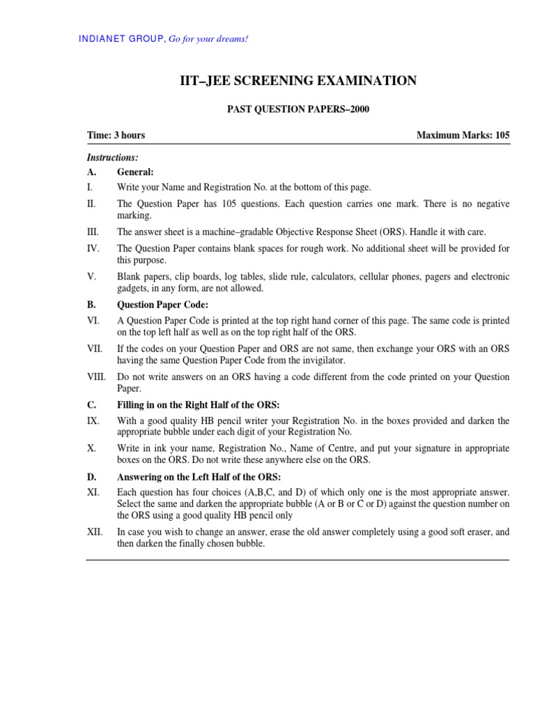 IIT-JEE 2000 Screening Exam Paper | PDF | Science & Mathematics