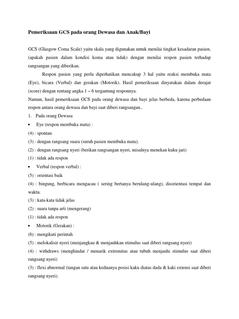 Pemeriksaan GCS Pada Orang Dewasa Dan Anak | PDF