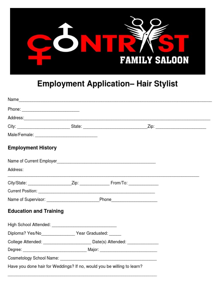 Hair Stylist Employment Application | PDF | Social Institutions ...