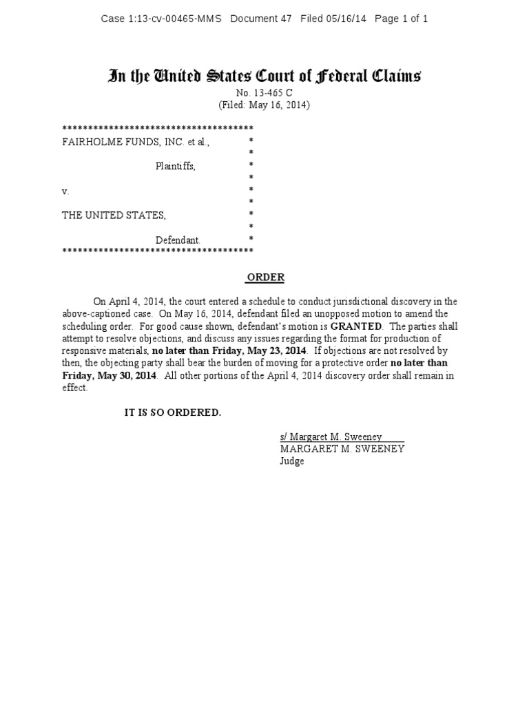 In The United States Court of Federal Claims: Order | PDF