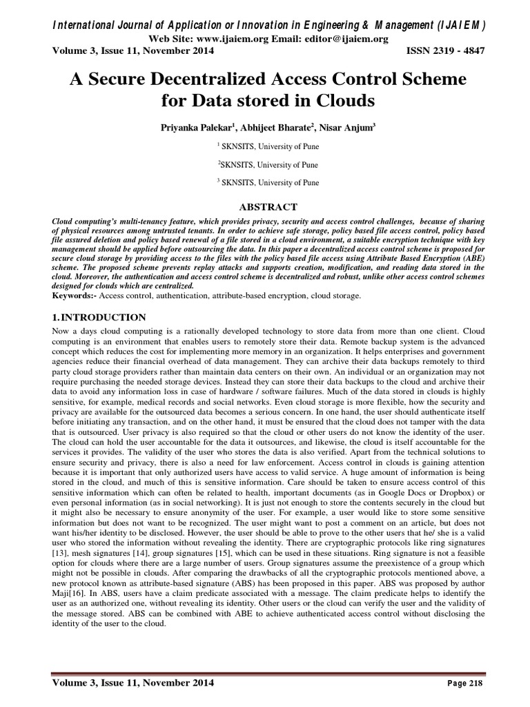 A Secure Decentralized Access Control Scheme For Data Stored in Clouds | PDF | Cloud Computing ...