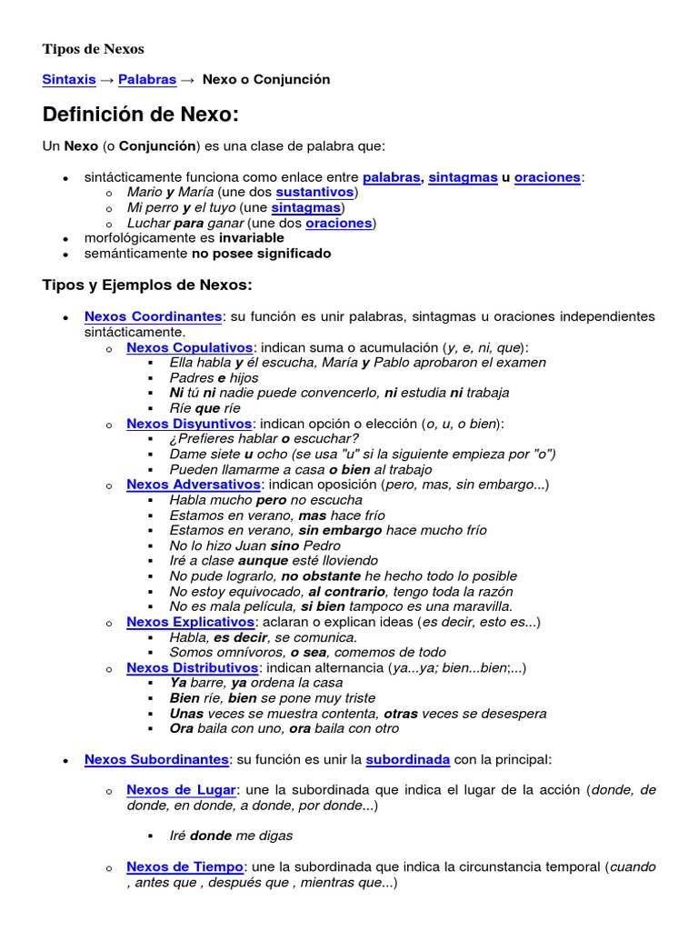 Tipos de Nexos | Oración (Lingüística) | Gramática