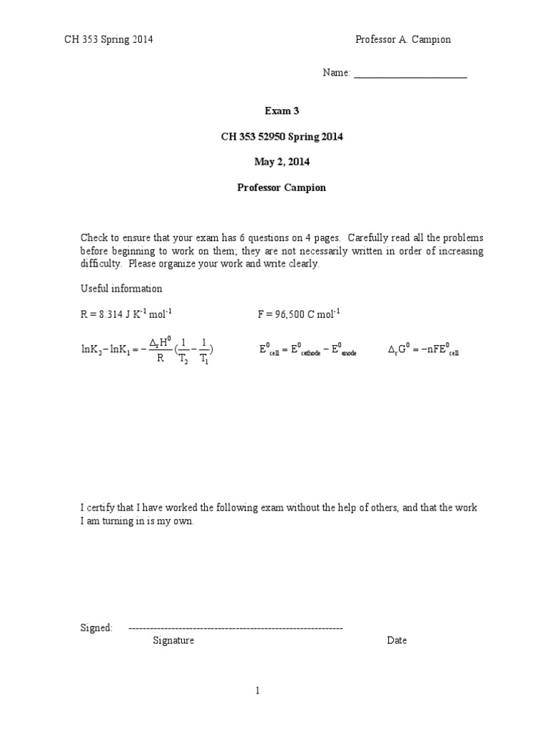 Campion CH353 Spring 2014 Exam 3 KEY | PDF | Gibbs Free Energy | Chemical Equilibrium