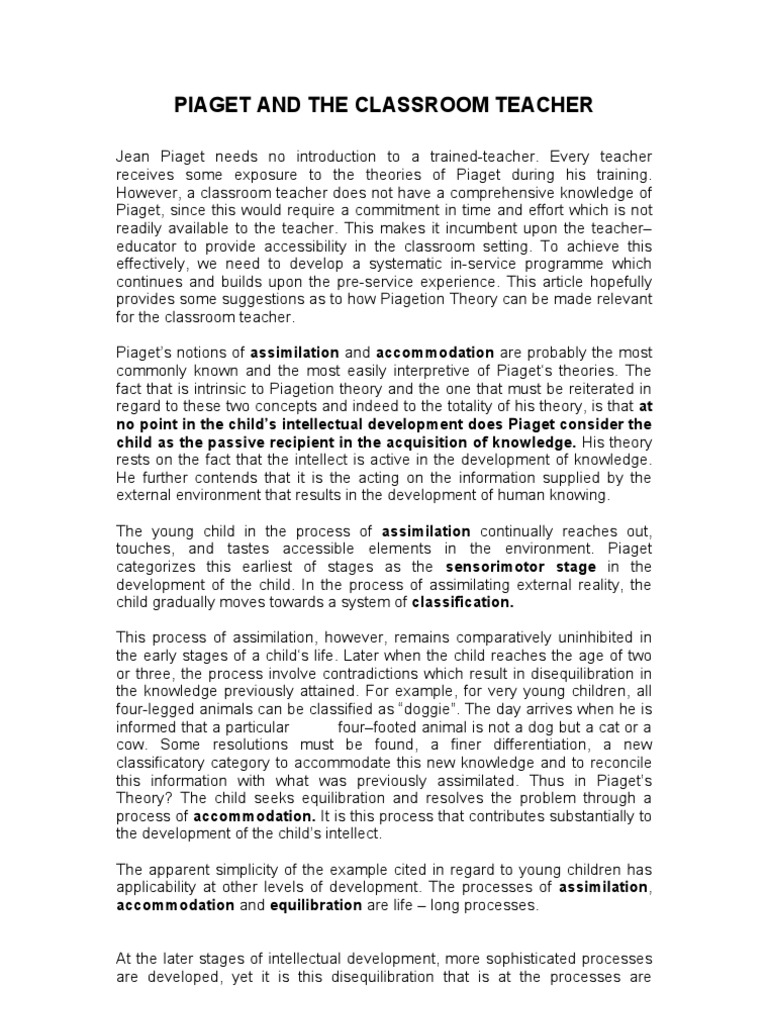 Piaget and The Classroom Teacher | PDF | Cognitive Development | Learning