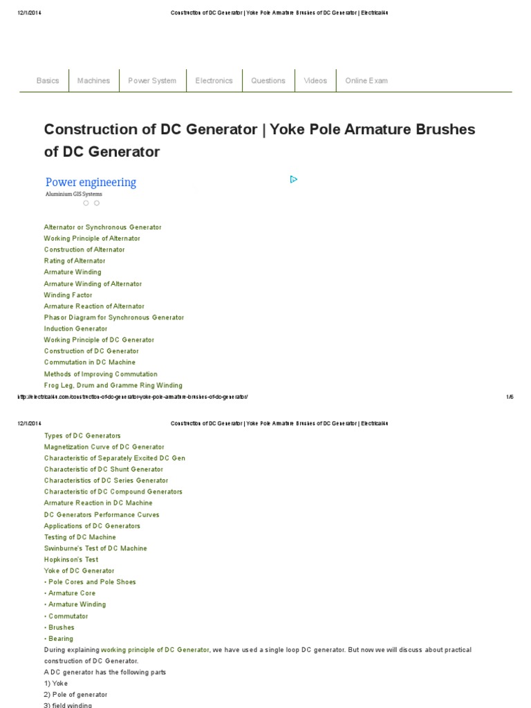 Construction of DC Generator - Yoke Pole Armature Brushes of DC ...