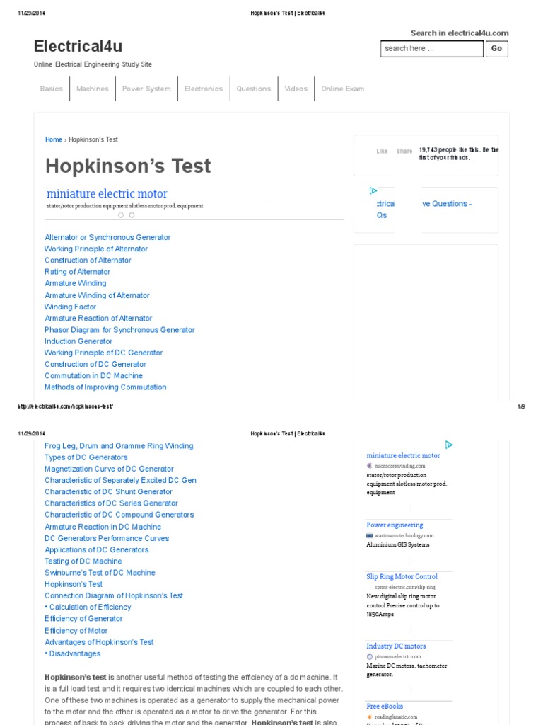 Hopkinson's Test - Electrical4u PDF | PDF | Electric Motor | Electric ...