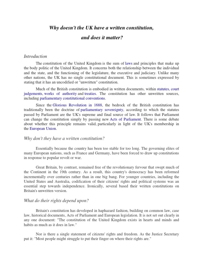 The UK's Unwritten Constitution Explained | PDF | Constitution Of The ...