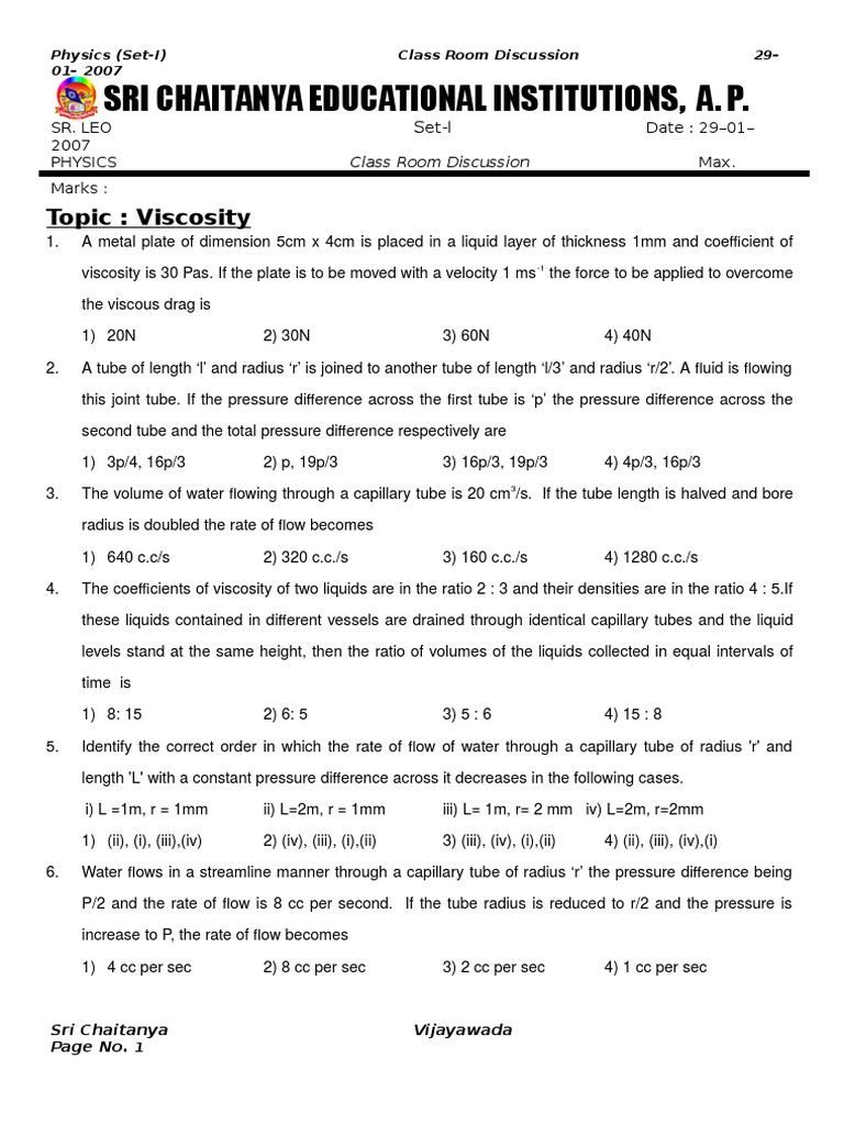 Viscosity Physics Problems and Solutions | PDF