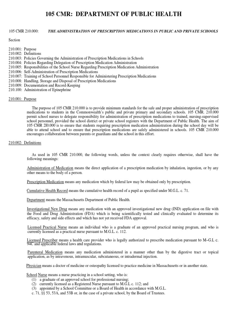 105 CMR 210 DPH Medication Administration Regs | PDF | Pharmaceutical Drug | Nursing