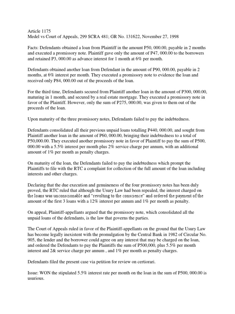 Article 1175. OBLI CON Digest | PDF | Usury | Loans