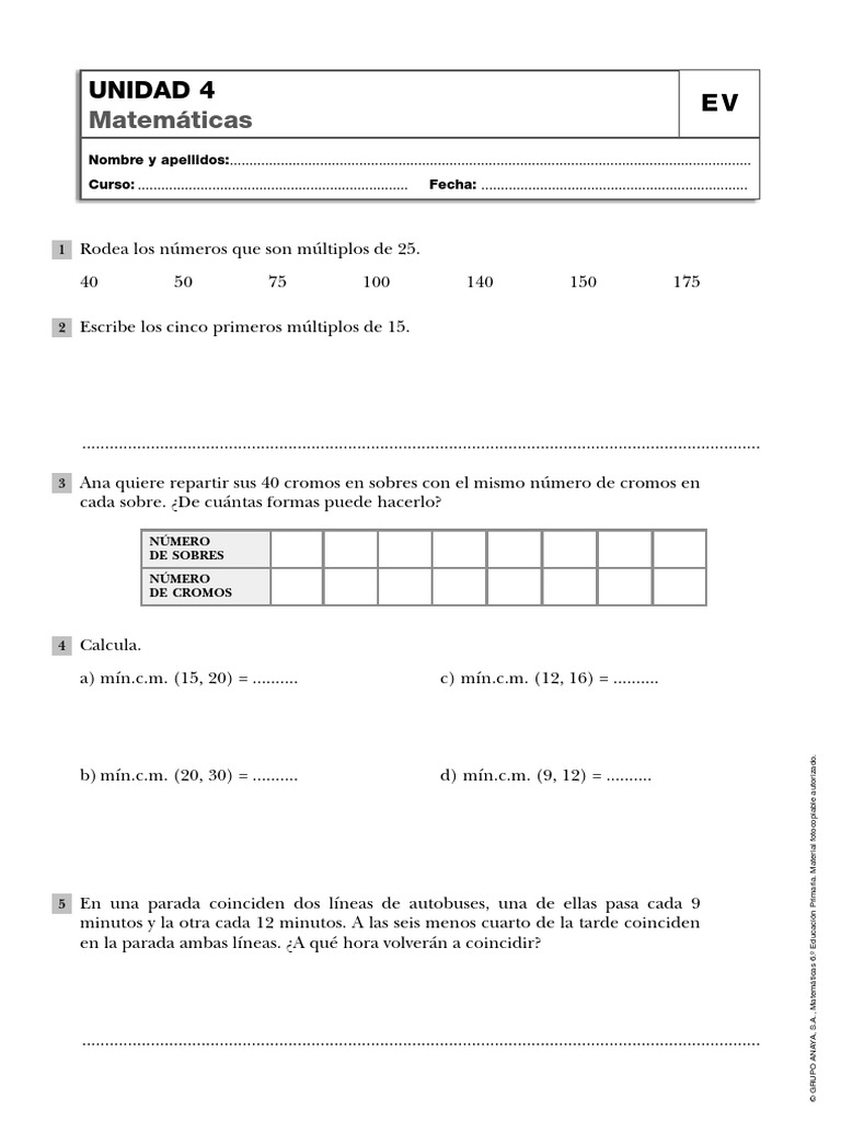 Matematicas 6º Anaya Evaluación UNIDAD 04