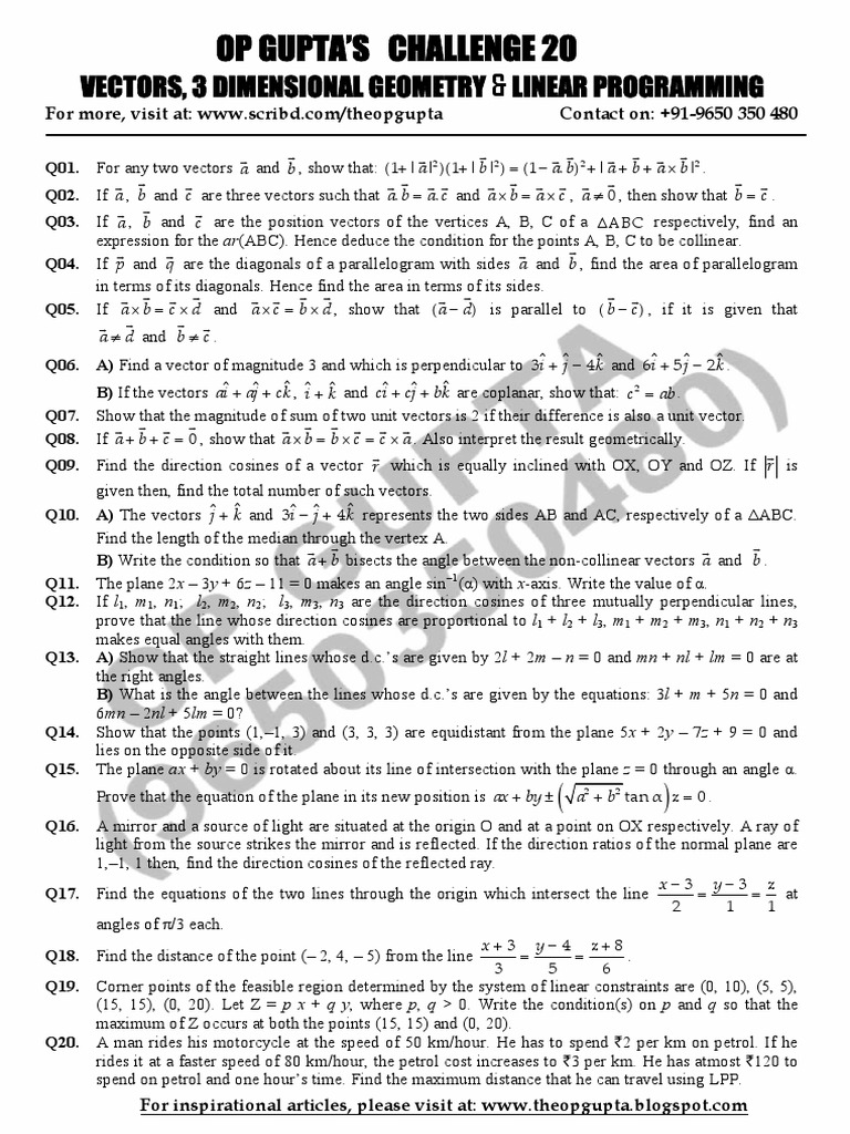 Challenge 20 Vectors 3 Dimensional Geometry Linear Programming Problems ...